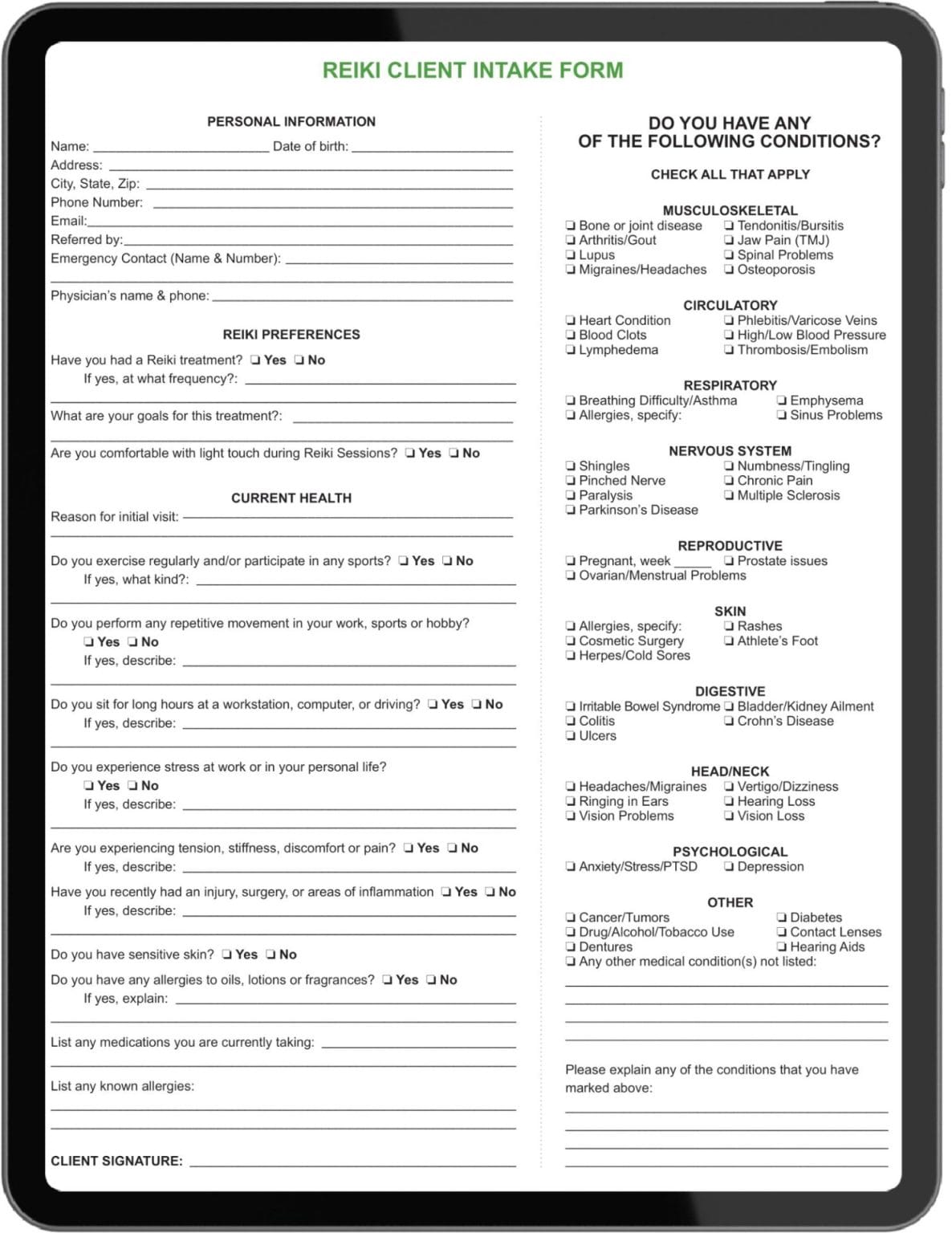 Reiki Intake Form Template | NACAMS